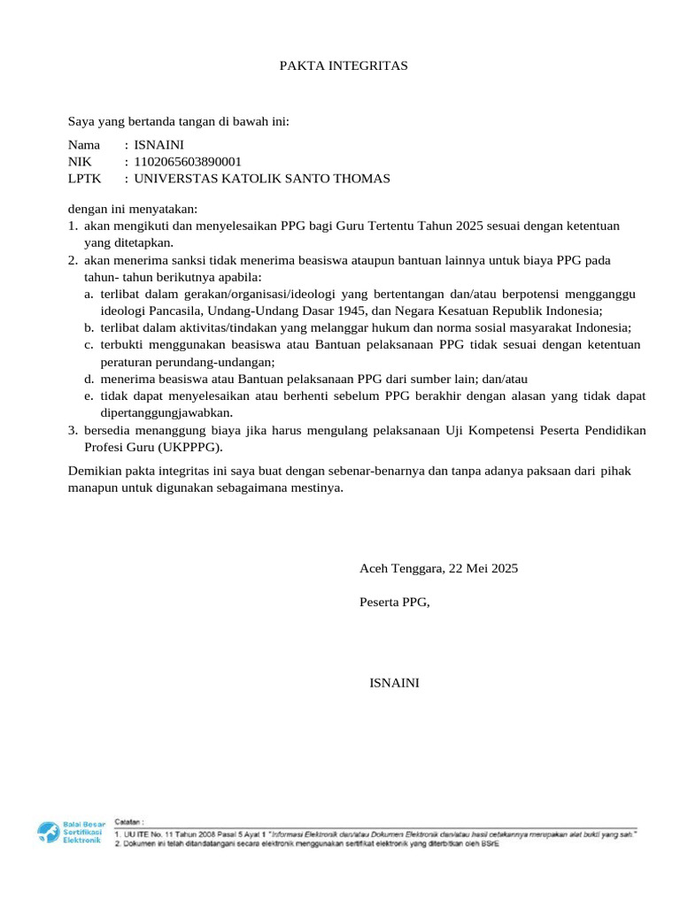 Pakta Integritas Peserta Ppg 2025 | PDF