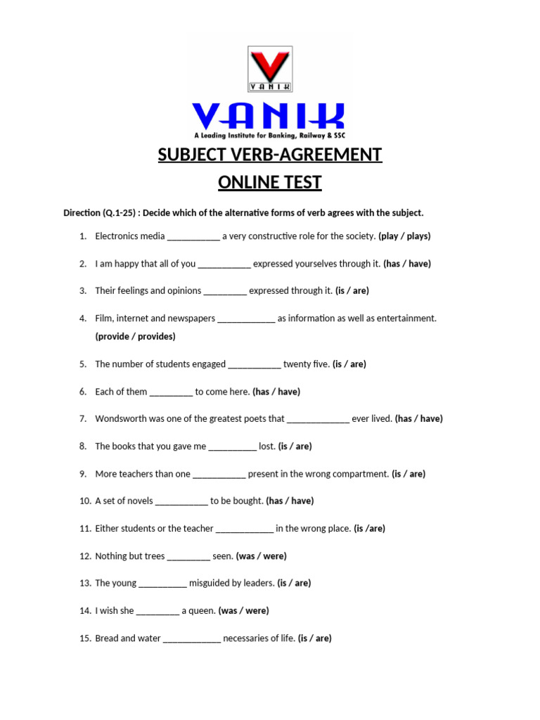 Subject-Verb Agreement Test | PDF