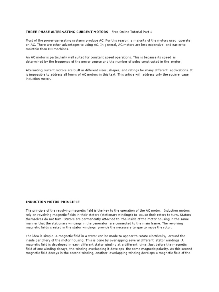 Three-Phase Alternating Current Motors - Free Online Tutorial Part 1 ...