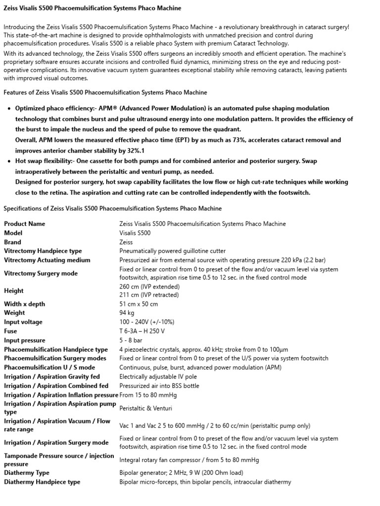Zeiss Visalis S500 Phaco Machine Overview | PDF