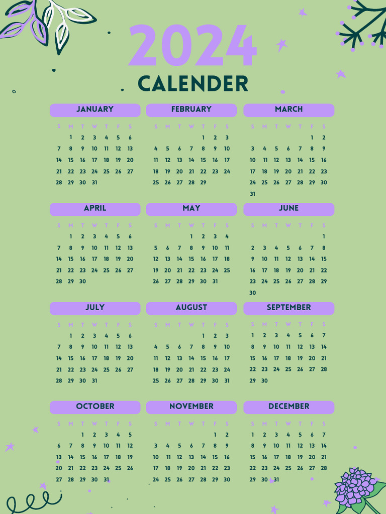 Purple and Green Modern 2024 Calender Document | PDF