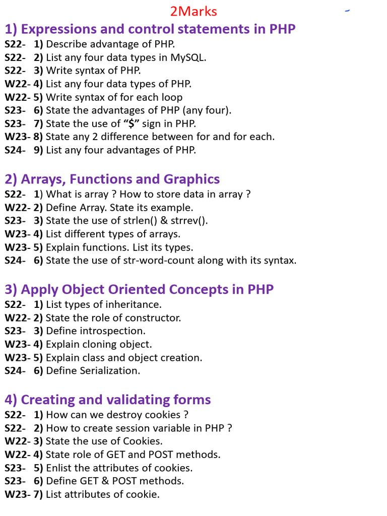 1) Expressions and Control Statements in PHP: S22-1) S22 - 2) S22 - 3) W22 - 4) W22 - 5) S23 - 6 ...