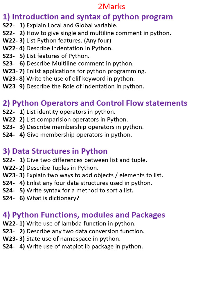 1) Introduction and Syntax of Python Program: S22-1) S22 - 2) W22 - 3) W22 - 4) S23 - 5) S23 - 6 ...