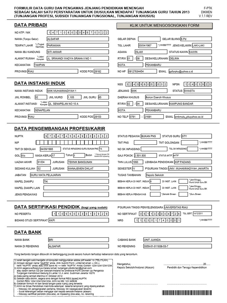 Formulir Data PTK Dikmen V.1.1 REV - Distributed | PDF