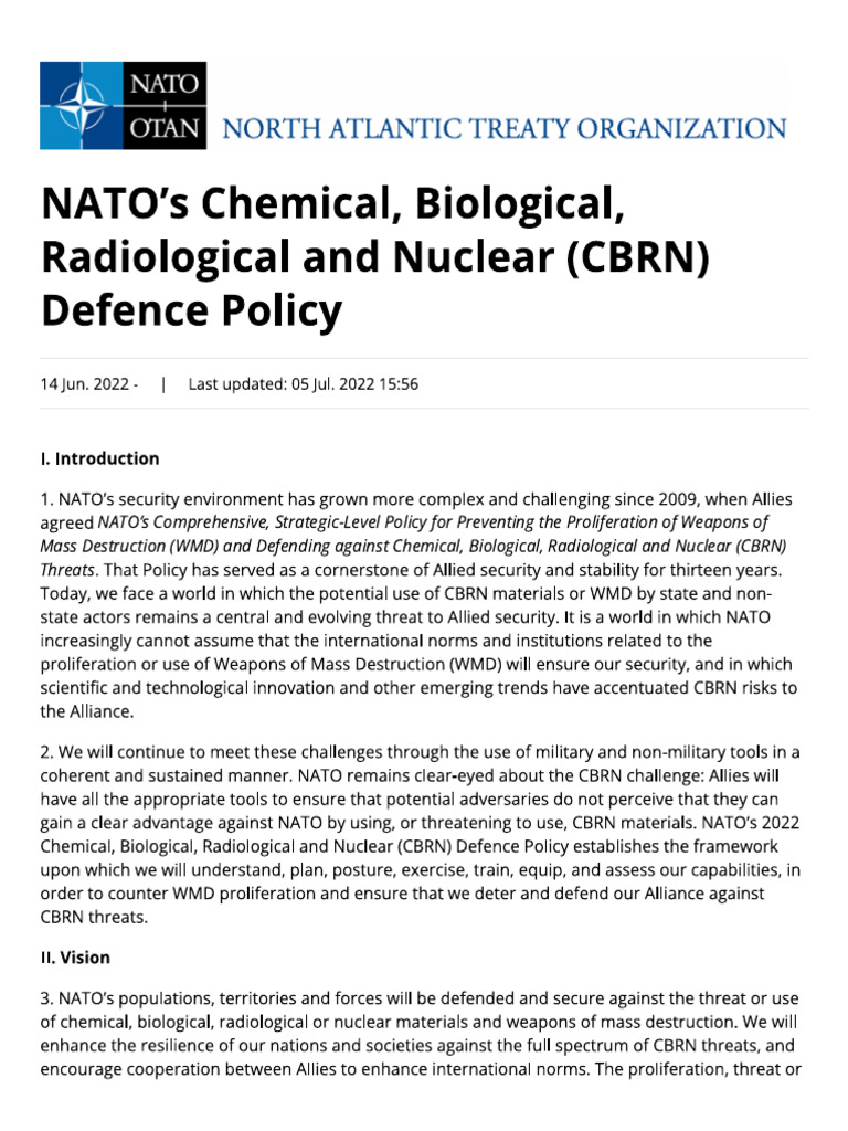 NATO Official Text NATO CBRN Policy 5 July 2022 | PDF | Weapons Of Mass ...