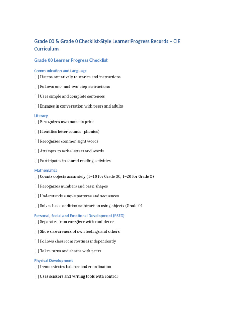 Grade 00 0 Learner Checklist Progress CIE | PDF | Phonics | Learning ...