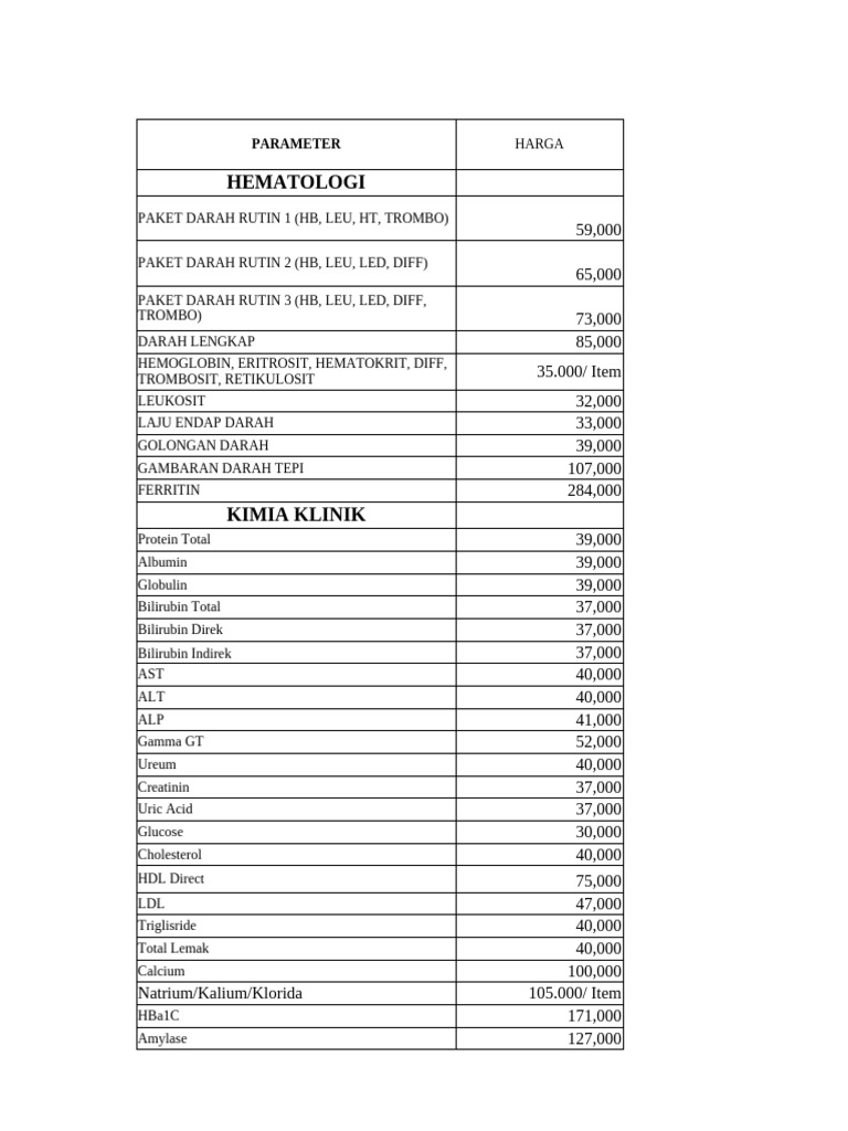 Daftar Harga Pemeriksaan Lab Madira | PDF | Medical Specialties