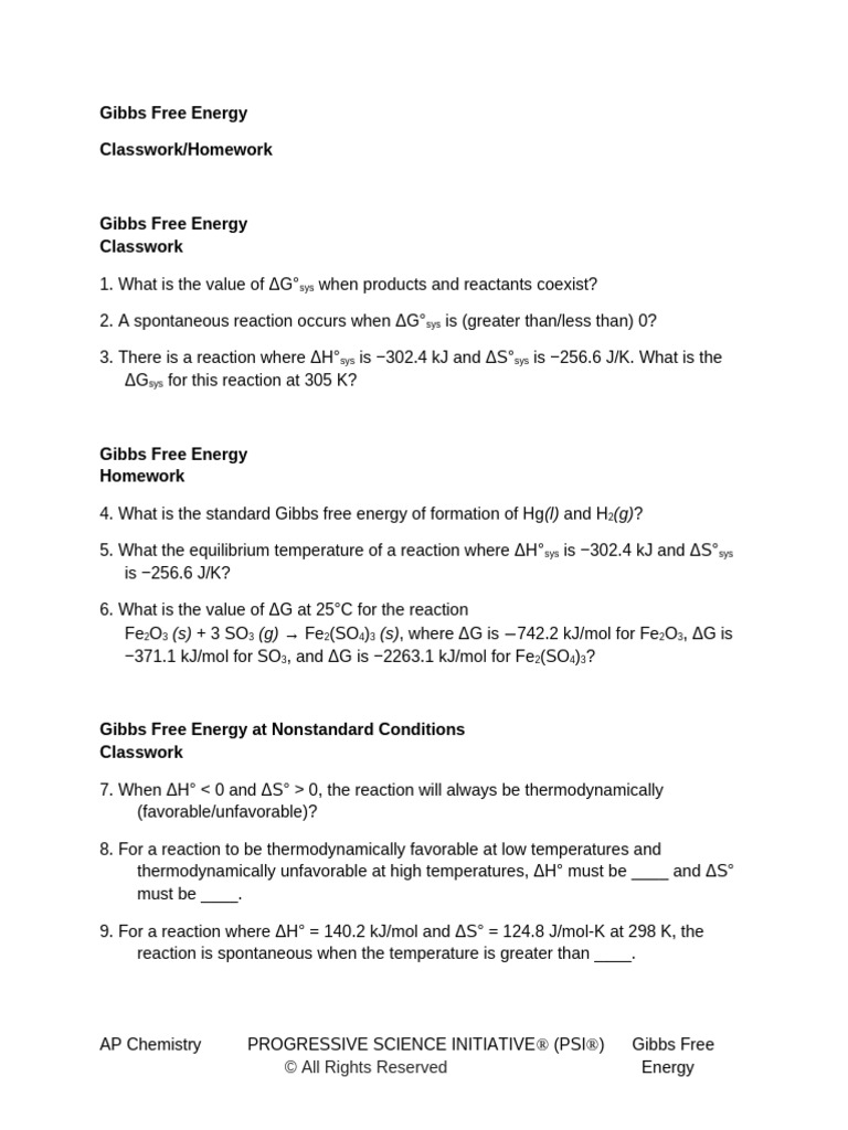Ap Chemistry 22 - Gibbs Free Energy Practice Problems - 2022 09 12 ...