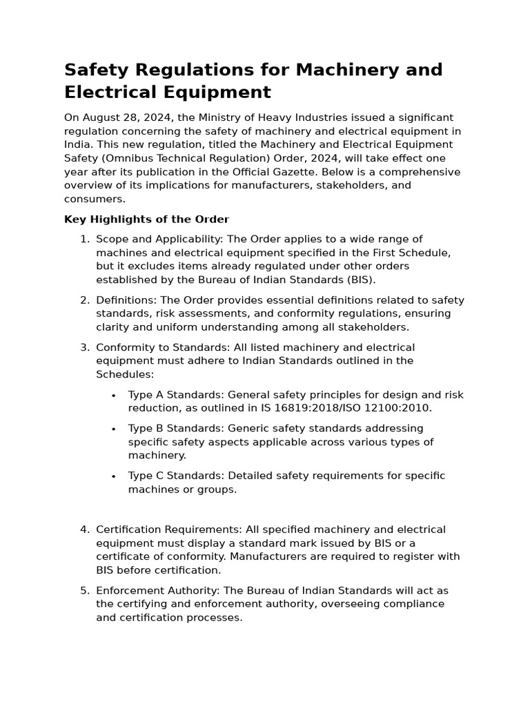 Safety Regulations For Machinery and Electrical Equipment | PDF | Safety | Standardization