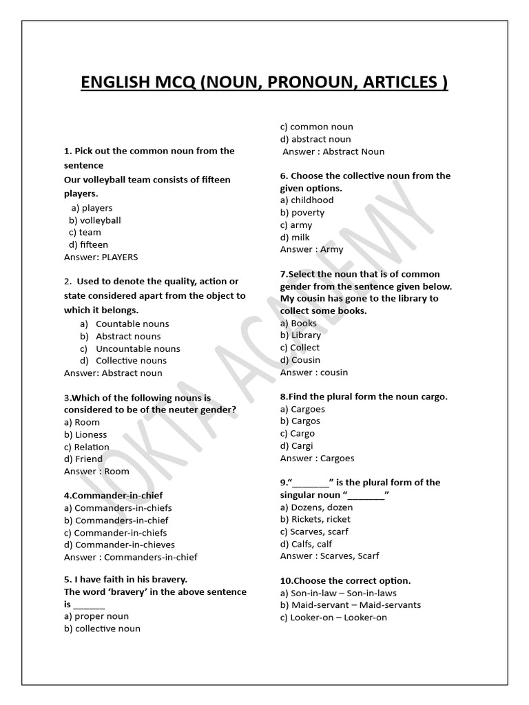 English MCQs on Nouns and Pronouns | PDF | Noun | Grammatical Number