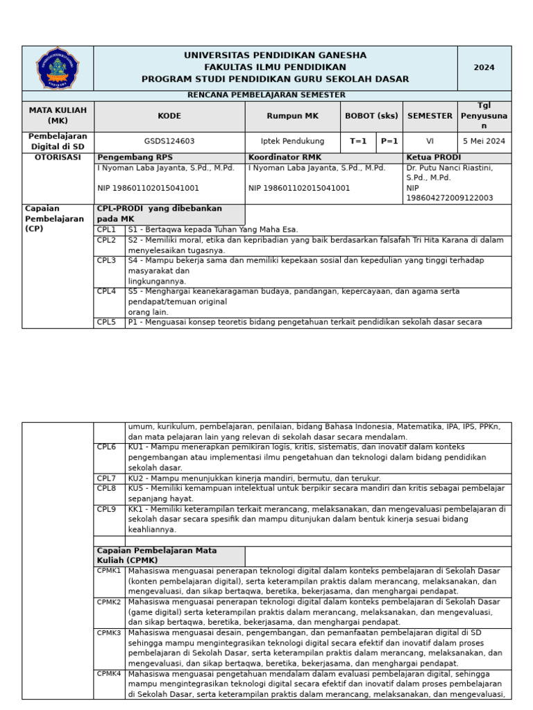 RPS Pembelajaran Digital di SD - Format 2024 | PDF