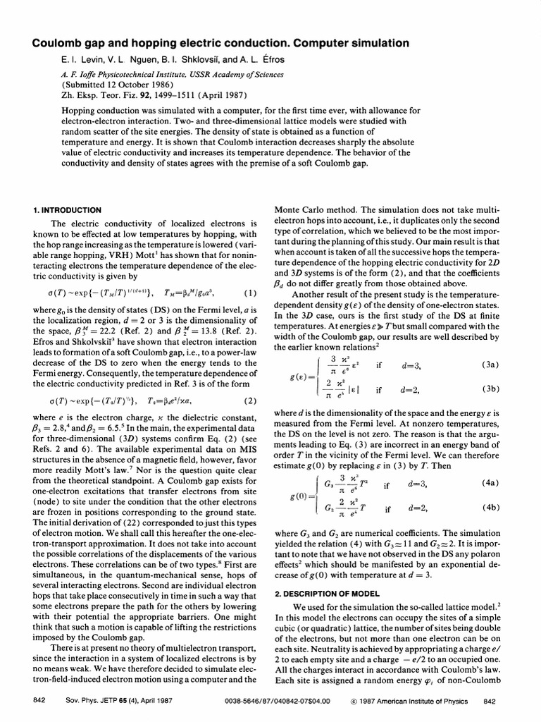 Coulomb Gap and Hopping Electric Conduction | PDF | Electrical Resistivity And Conductivity ...