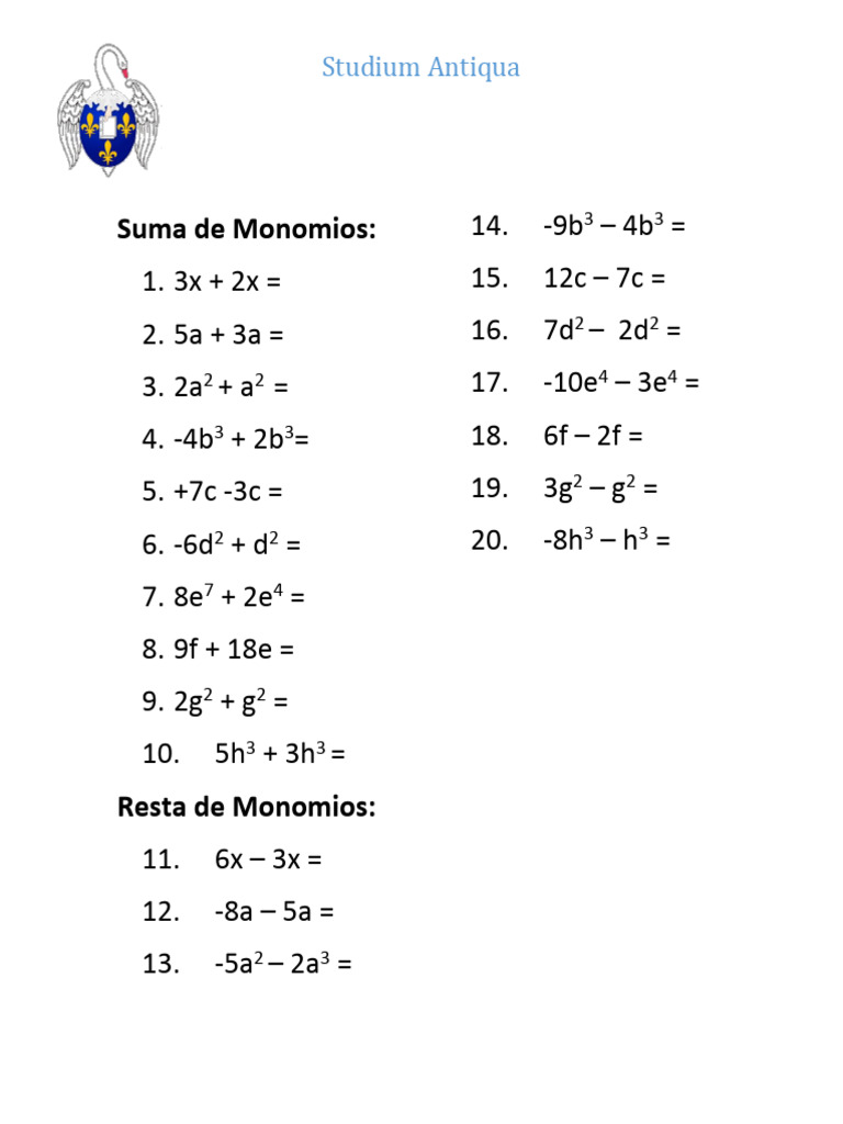 Suma y Resta de Monomios, Tarea | PDF