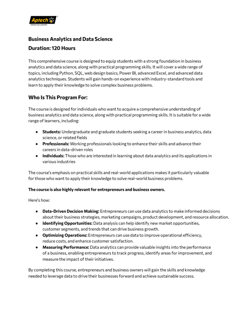 Aptech - Business Analytics and Data Science-1 | PDF | Analytics | Data ...
