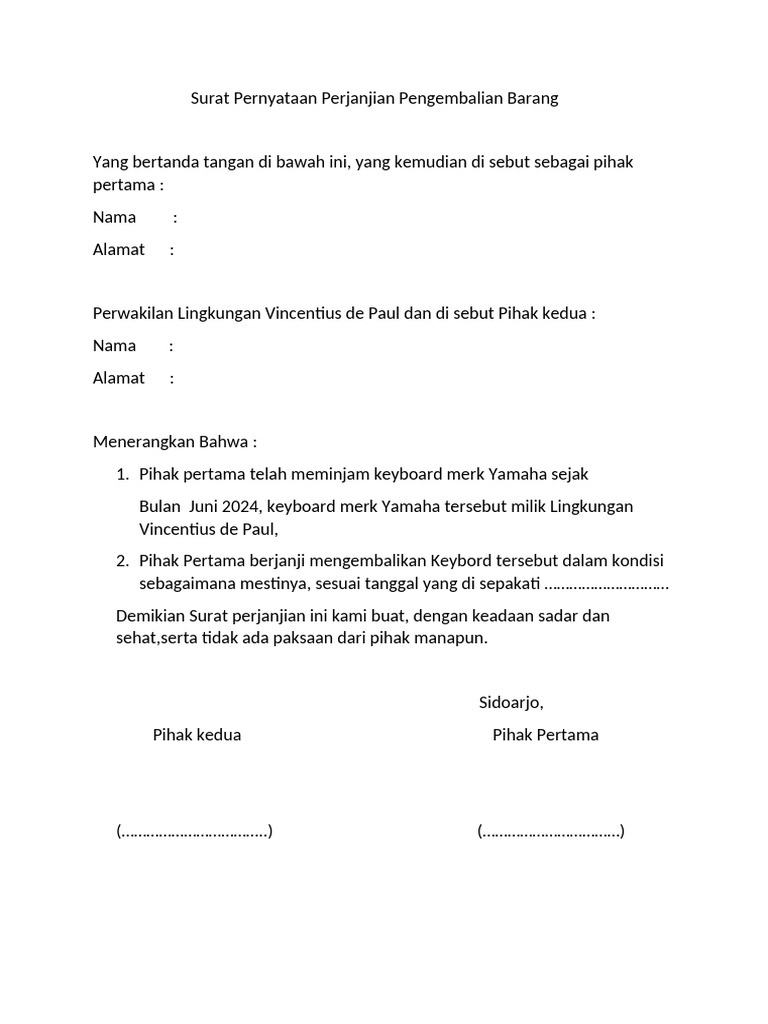 Surat Pernyataan Perjanjian Pengembalian Barang | PDF