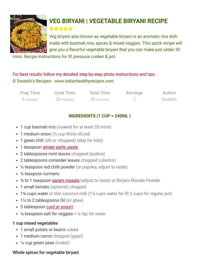 Veg Biryani - Vegetable Biryani Recipe - Swasthi's Recipes | PDF | Foods | Cuisine