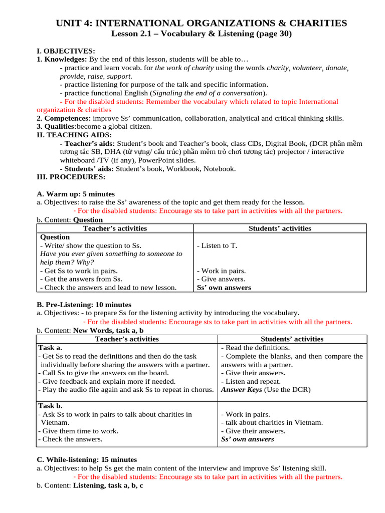 Unit 4.international Organizations & Charities | PDF | Homework | Teachers