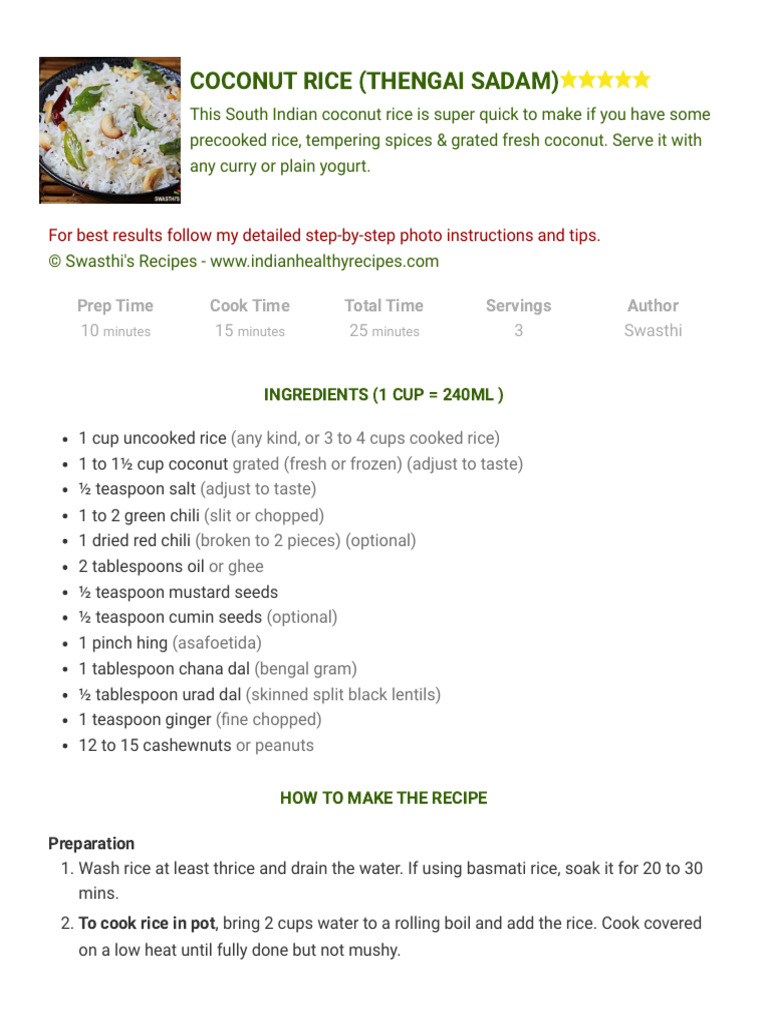Coconut Rice (Thengai Sadam) - Swasthi's Recipes | PDF | Curry | Asian ...