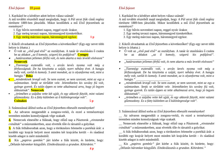 Kicsinyített - A Pál Utcai Fiúk - 1. Fejezet Megoldás | PDF