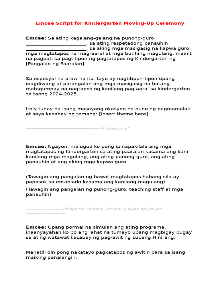 Emcee Script for Kindergarten MovingUp- Tagalog (1) | PDF