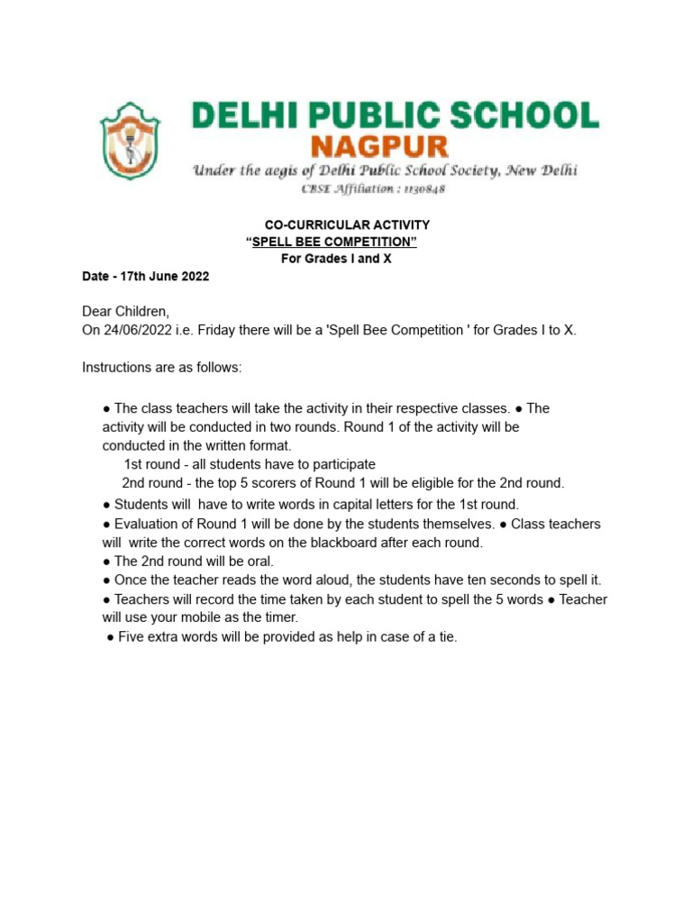 Spell Bee Competition for Grades I-X | PDF