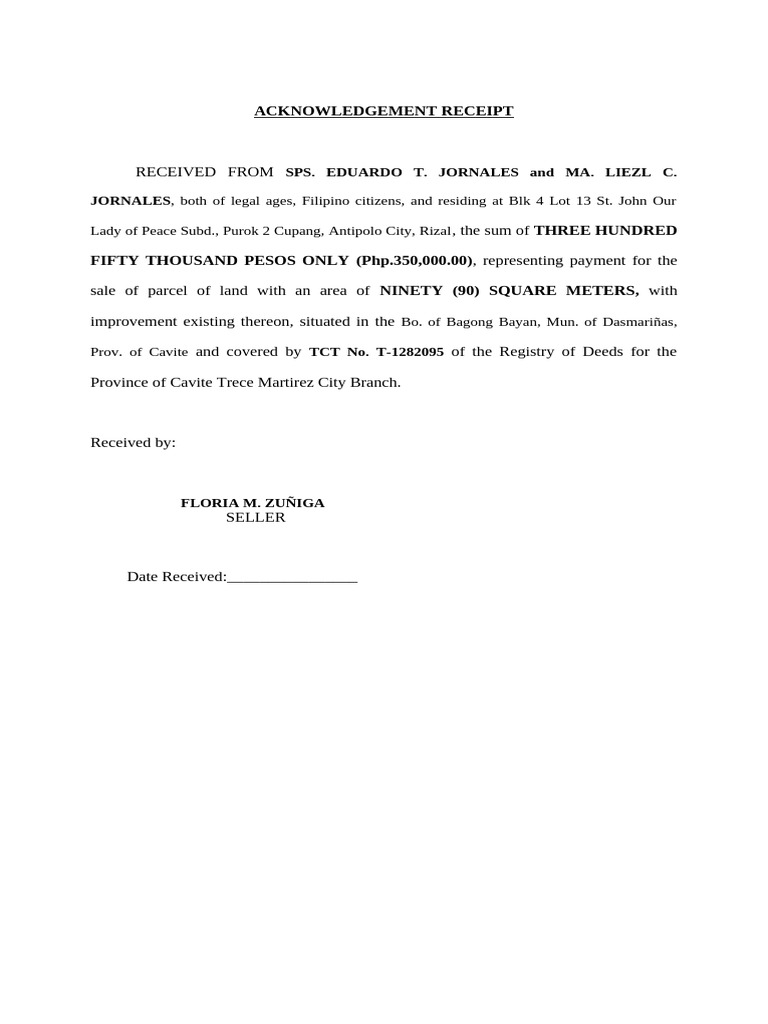 Acknowledgment Receipt for Land Sale | PDF