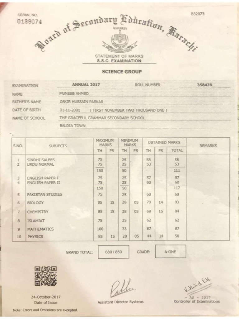 Matric Mark Sheet | PDF