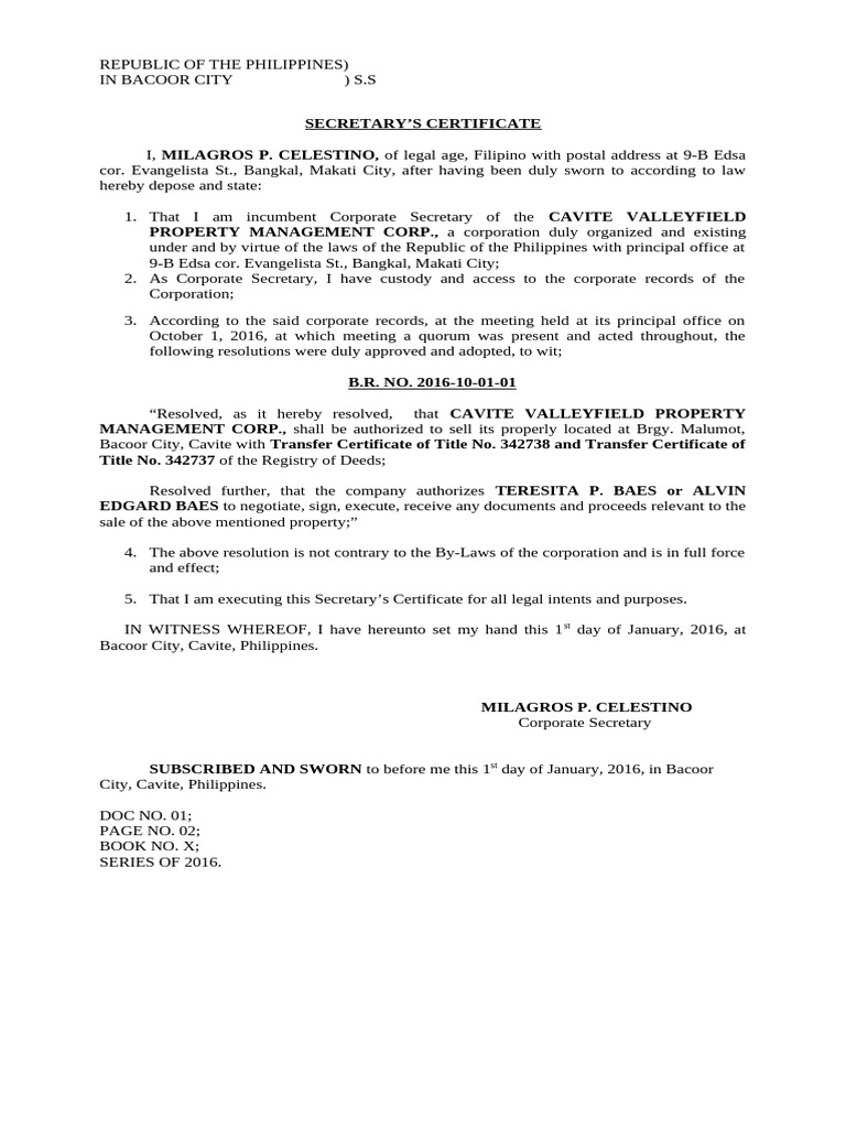 Secretary's Certificate for Property Sale | PDF