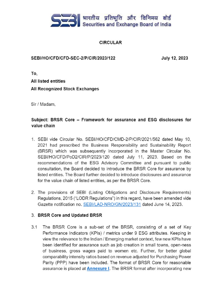 SEBI - BRSR Core - Framework For Assurance and ESG Disclosures For ...