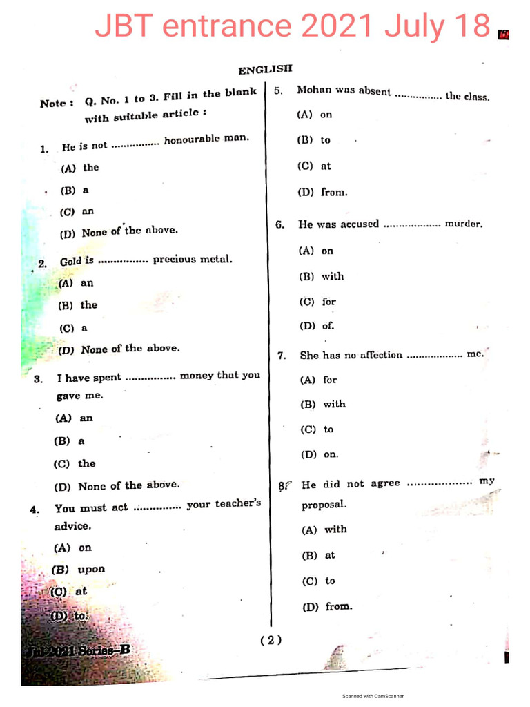 JBT Entrance 2021 Question Paper+Answer Key 18-07-2021 | PDF