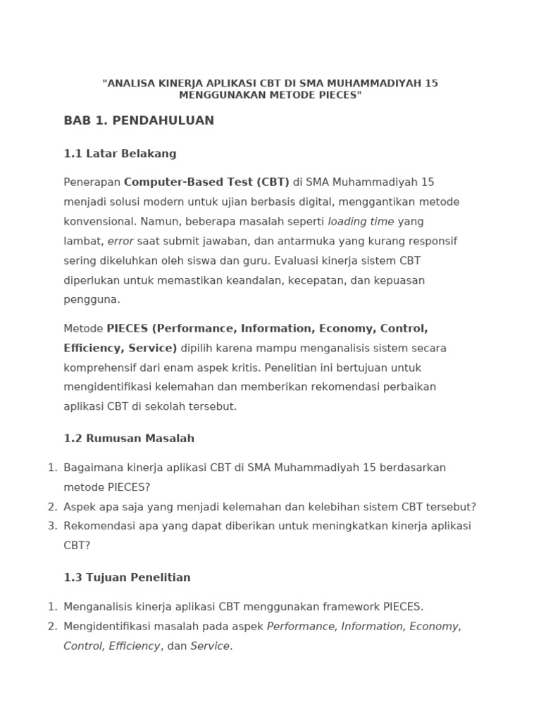 Analisa Kinerja Aplikasi CBT Di Sma Muhammadiyah 15 Menggunakan Metode Pieces | PDF