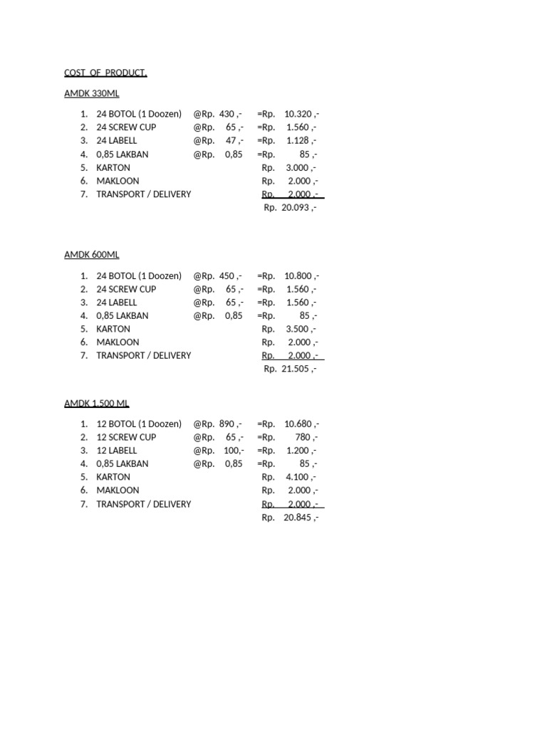 AMDK Product Cost Breakdown | PDF