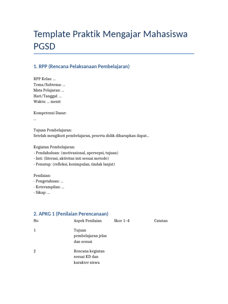 Template Praktek Mengajar PGSD | PDF