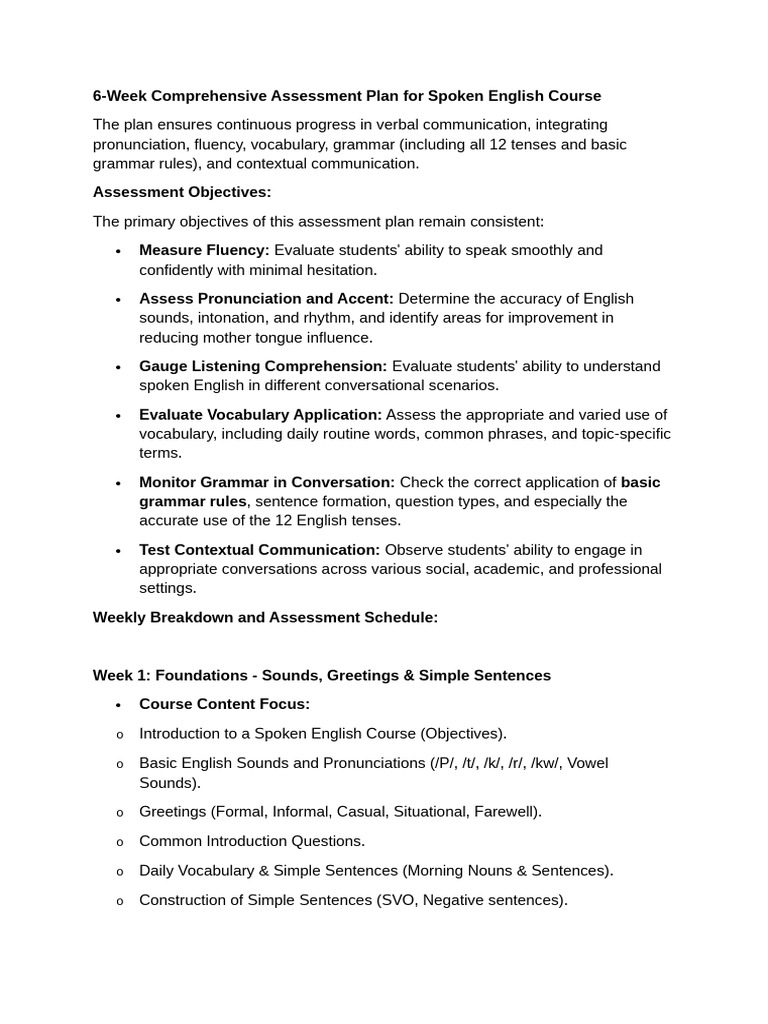 6-Week Spoken English Assessment Plan | PDF | English Language | Question