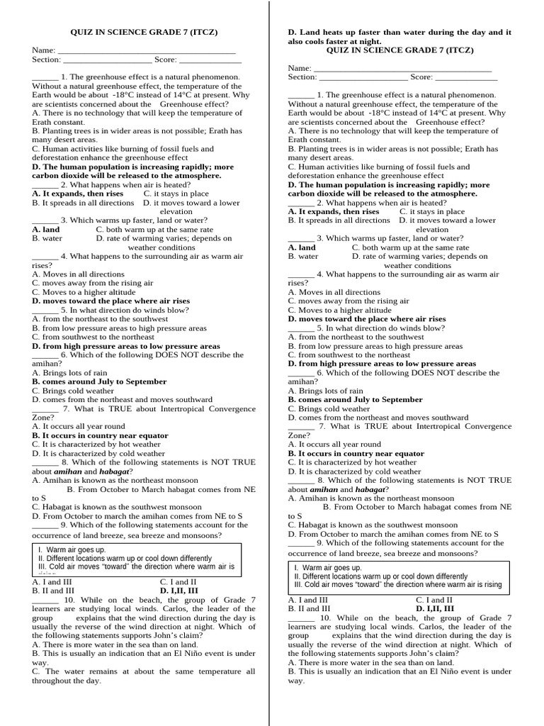 Quiz in Science Grade 7 Itcz | PDF | Monsoon | Greenhouse Effect