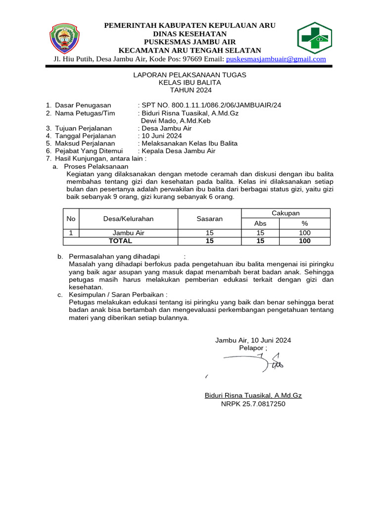 Laporan Pelaksanaan Tugas Program Gizi Juni 2024 | PDF