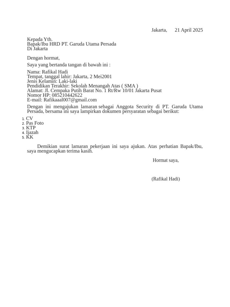 Surat Lamaran Kerja Security | PDF