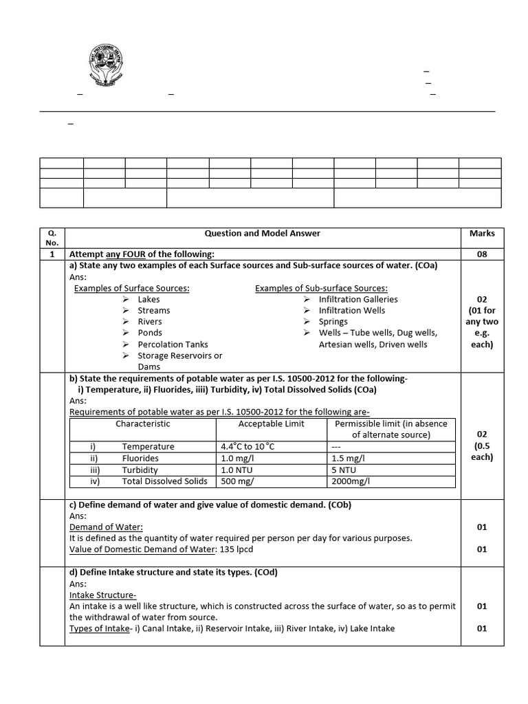 PHE Test 1 Model Answers 2023 DT 4 9 2023 | PDF | Water | Filtration