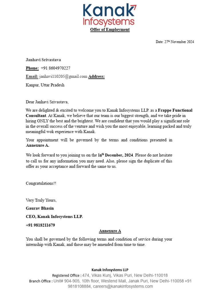 JanhaviSrivastava Offer Letter Kanak | PDF