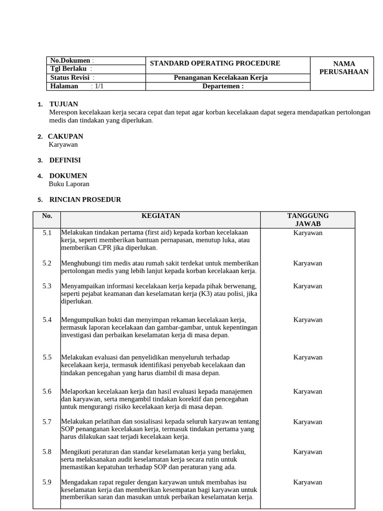 SOP Penanganan Kecelakaan Kerja | PDF