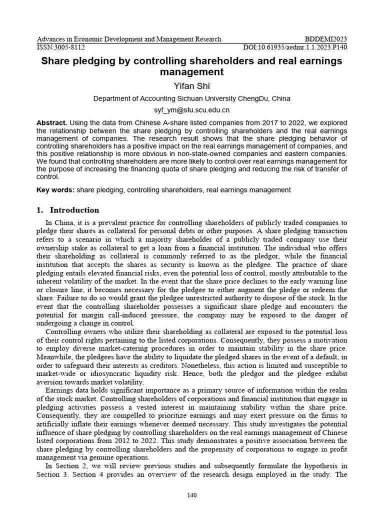 Share Pledging by Controlling Shareholders and Rea | PDF | Equity ...