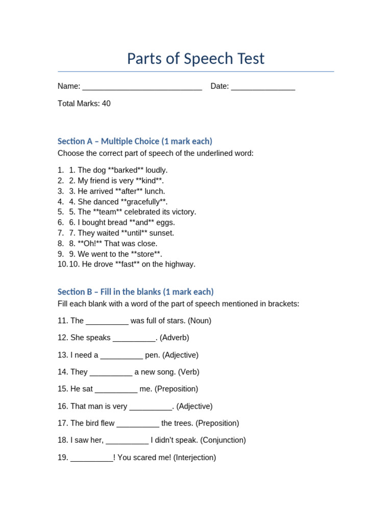 Parts of Speech Test Worksheet | PDF