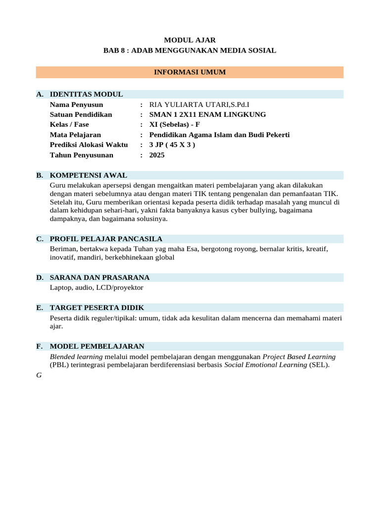 PAI 11 - Bab 8 - Adab Menggunakan Media Sosial | PDF