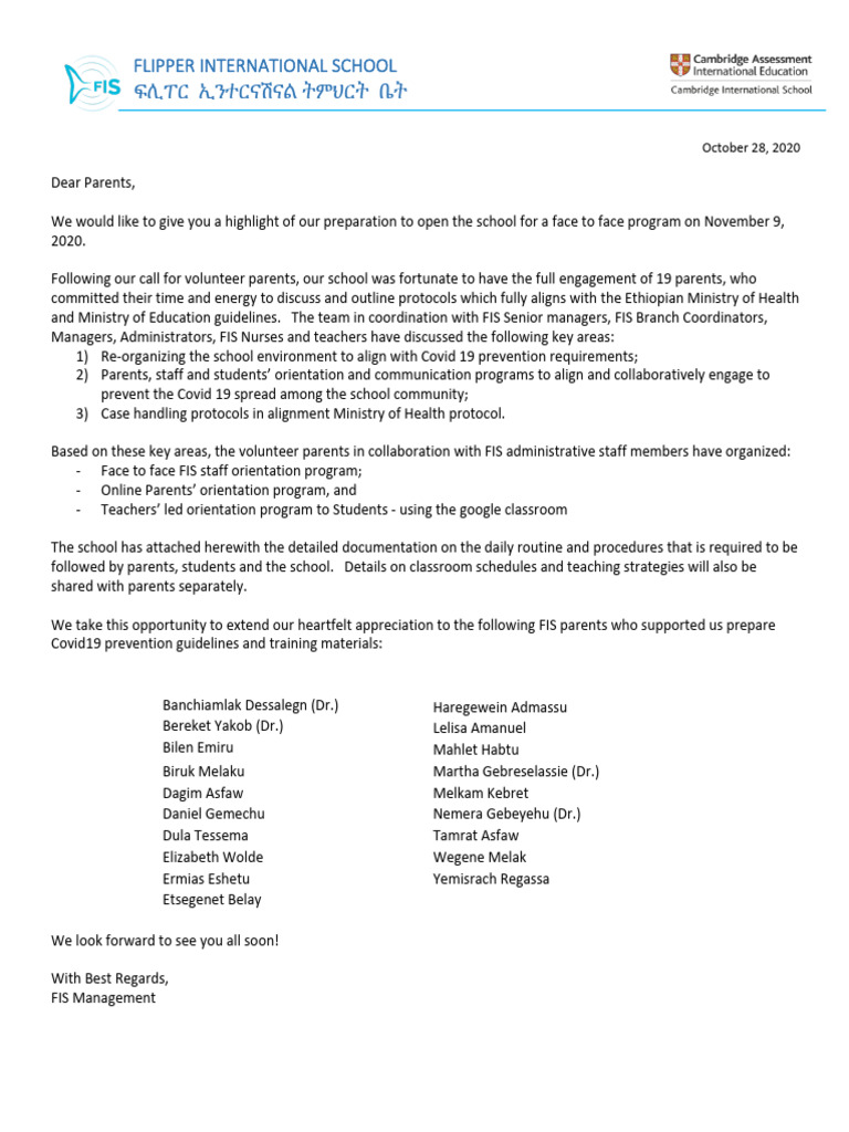 FIS - Letter - Covid19 Preparedness | PDF | Learning