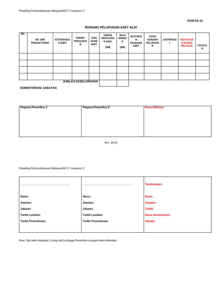 KEW - PA-21 (Borang Pelupusan Aset Alih) | PDF
