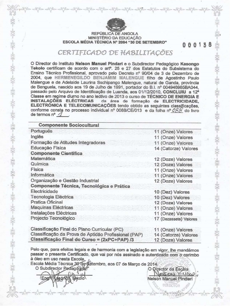Certificado 12Â Classe | PDF