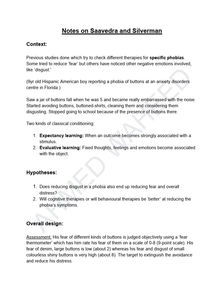 Notes On Saavedra and Silverman | PDF | Phobia | Behaviour Therapy