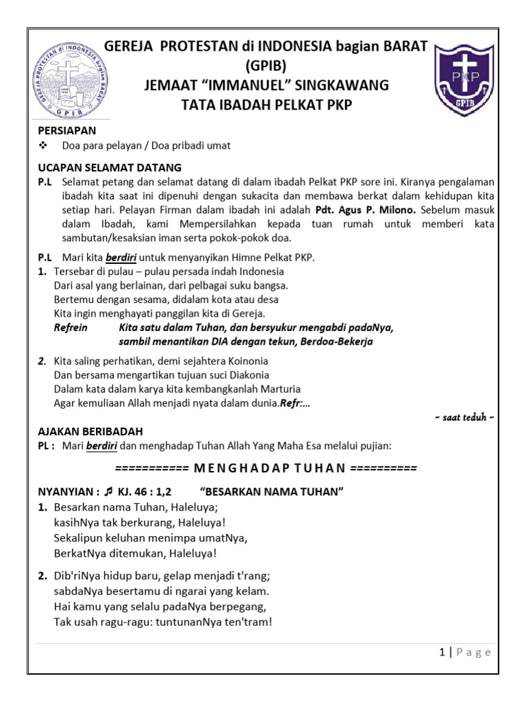 Tata Ibadah Pelkat PKP GPIB Immanuel | PDF