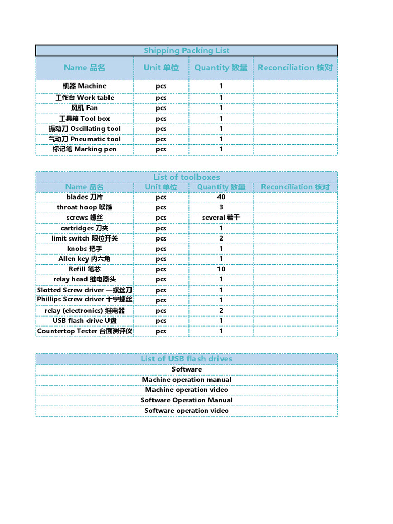 Shipping List+toolbox+usb | PDF