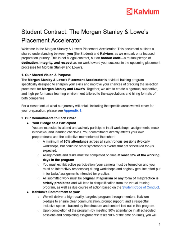 Student Contract Morgan Stanley & Lowe's Placement Accelerator | PDF ...